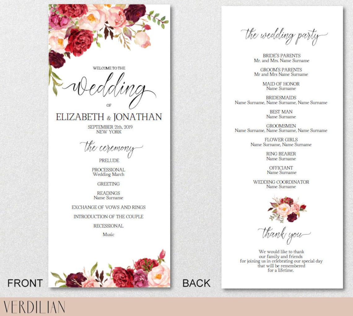 Wedding Program Printable Wedding Program Template Floral - Etsy