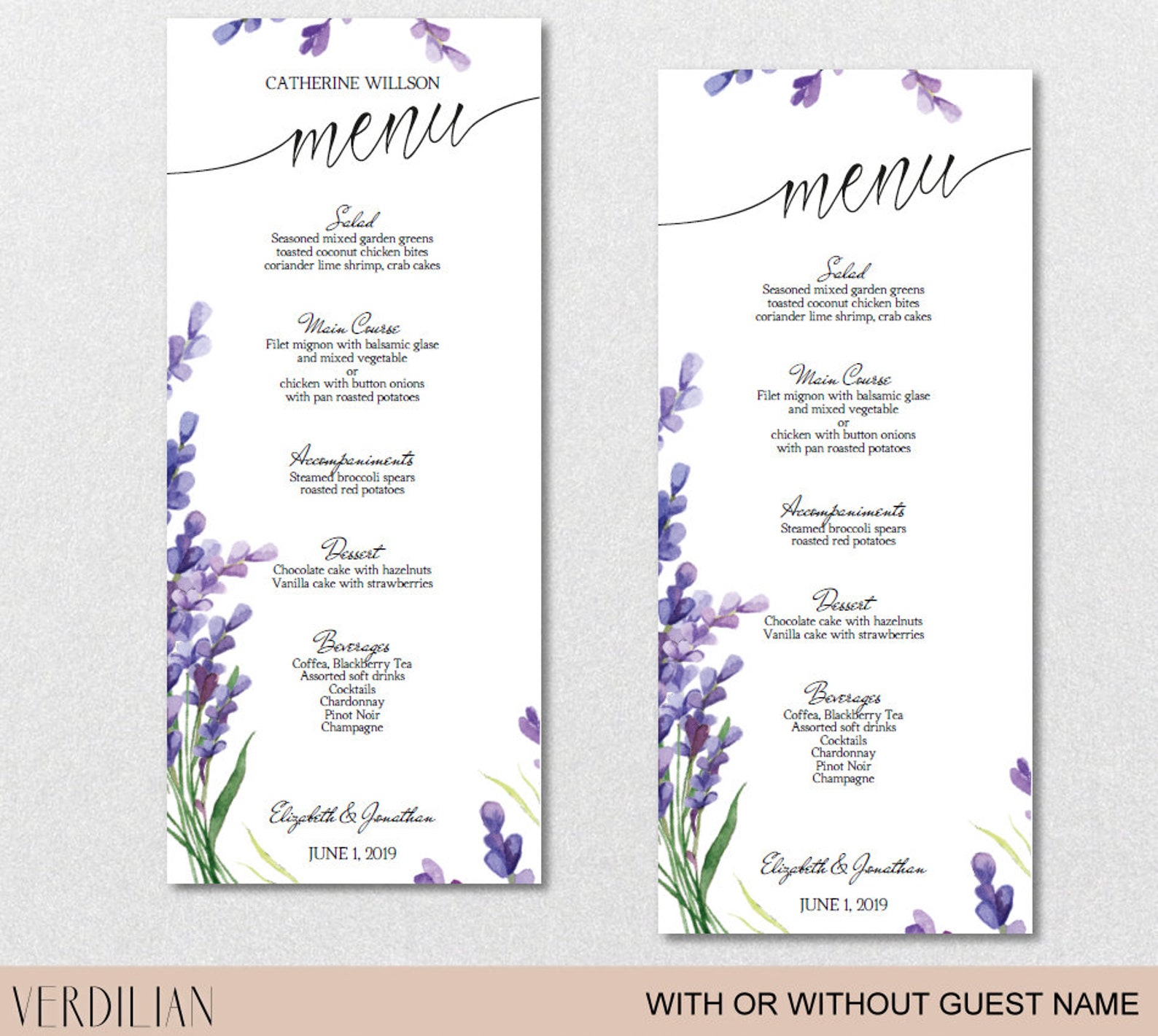 Lavender Wedding Menu Template Wedding Watercolor Printable Menu DIY ...
