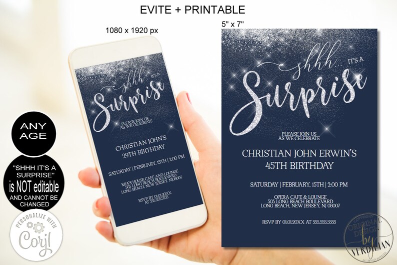 Navy Silver Surprise Birthday Invitation Surprise Party - Etsy