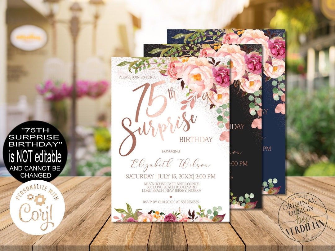 Surprise 75th Birthday Invitations for Women, Rose Gold Floral Surprise ...