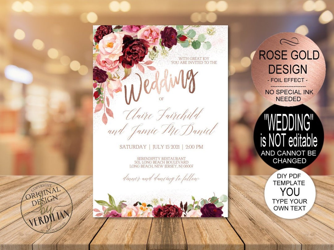 Marsala Rose Gold Wedding Invitation Template Set-blush Flowers ...