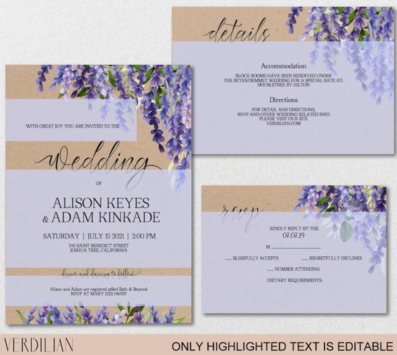 Lavender Wedding Invitation Template Set-Purple Flowers | Etsy