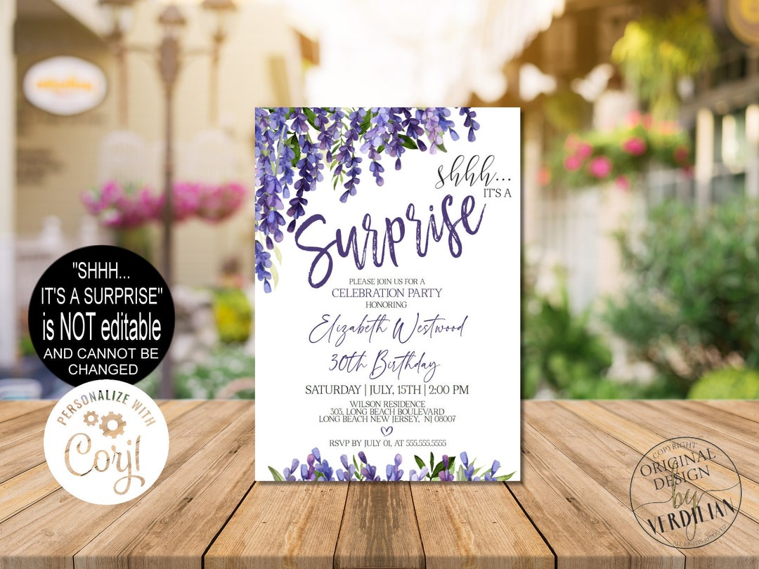 Surprise Birthday Invitation, Lavender Birthday Invitation for Women ...