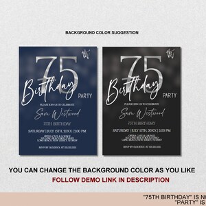 75th Birthday Invitation for Men Silver 75th Birthday Party Invitation ...