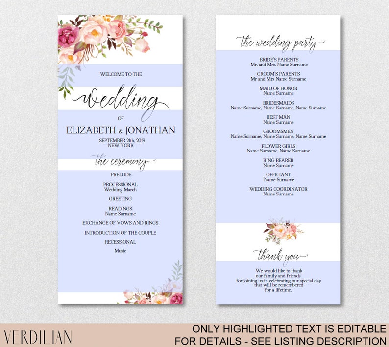 Blush Floral Wedding Program Printable Template DIY Editable - Etsy