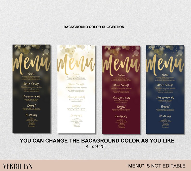 Gold Menu Template Printable Birthday Wedding Menus or New - Etsy