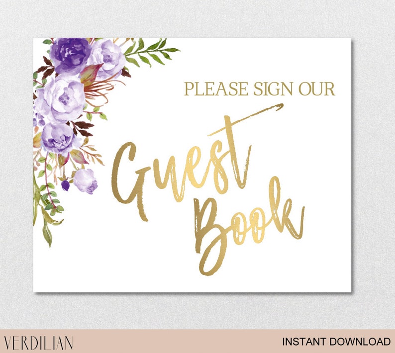 Guest Book Sign Printable Template Purple Floral Gold | Etsy