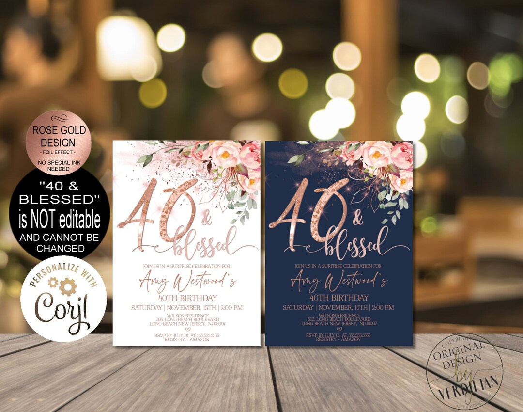 40 & Blessed 40th Birthday Invitations for Women, Blush Pink Rose Gold ...