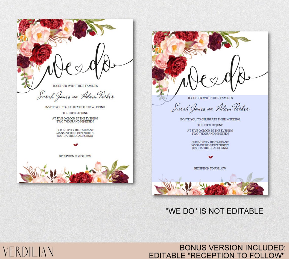 DIY We Do Wedding Invitation Template.burgundy Marsala Floral - Etsy