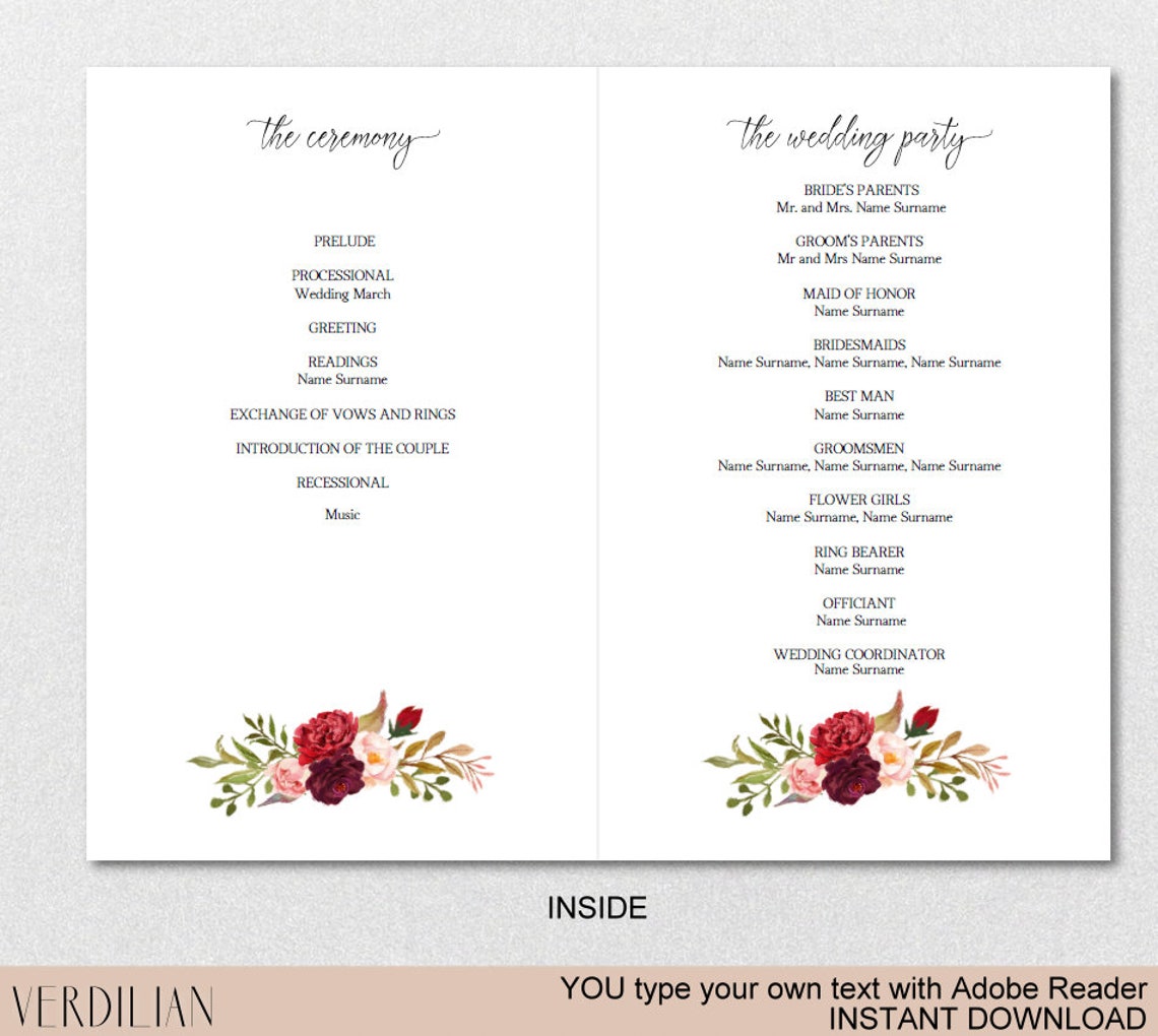 Folded Wedding Program Template Wedding Program Printable - Etsy