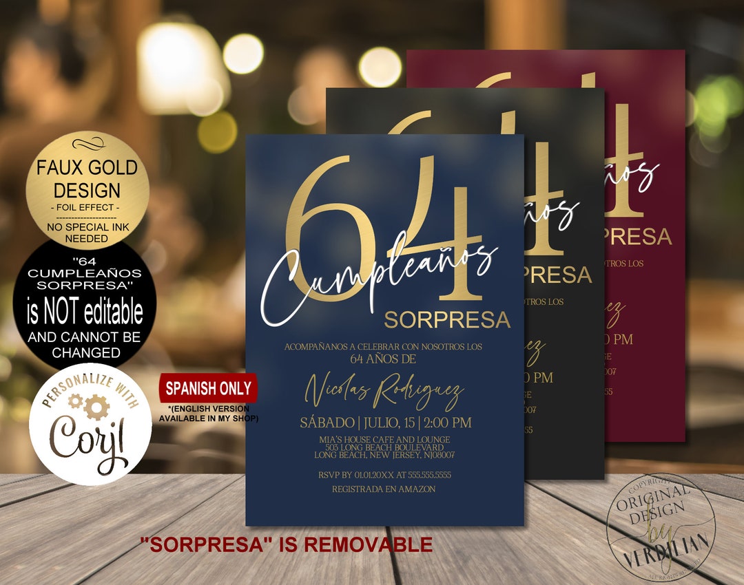 64th Sorpresa Birthday Invitation for Men, Spanish Vintage 64th ...