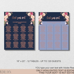 Pink Navy Rose Gold Wedding Seating Chart Printable Template,6 Versions ...