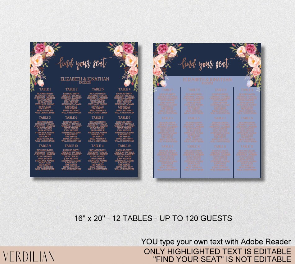 Pink Navy Rose Gold Wedding Seating Chart Printable Template6 - Etsy