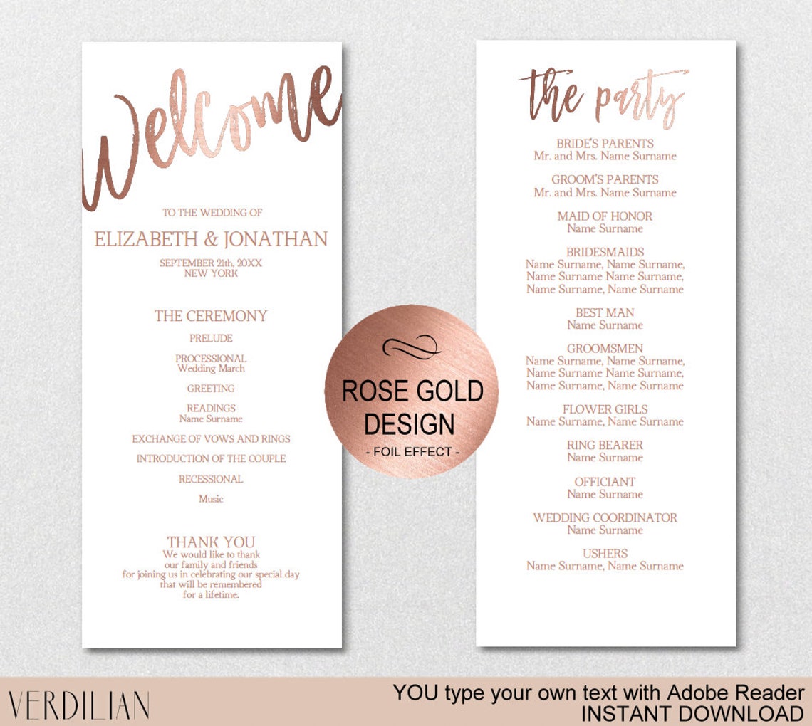 Wedding Program Printable Rose Gold Wedding Program Template - Etsy