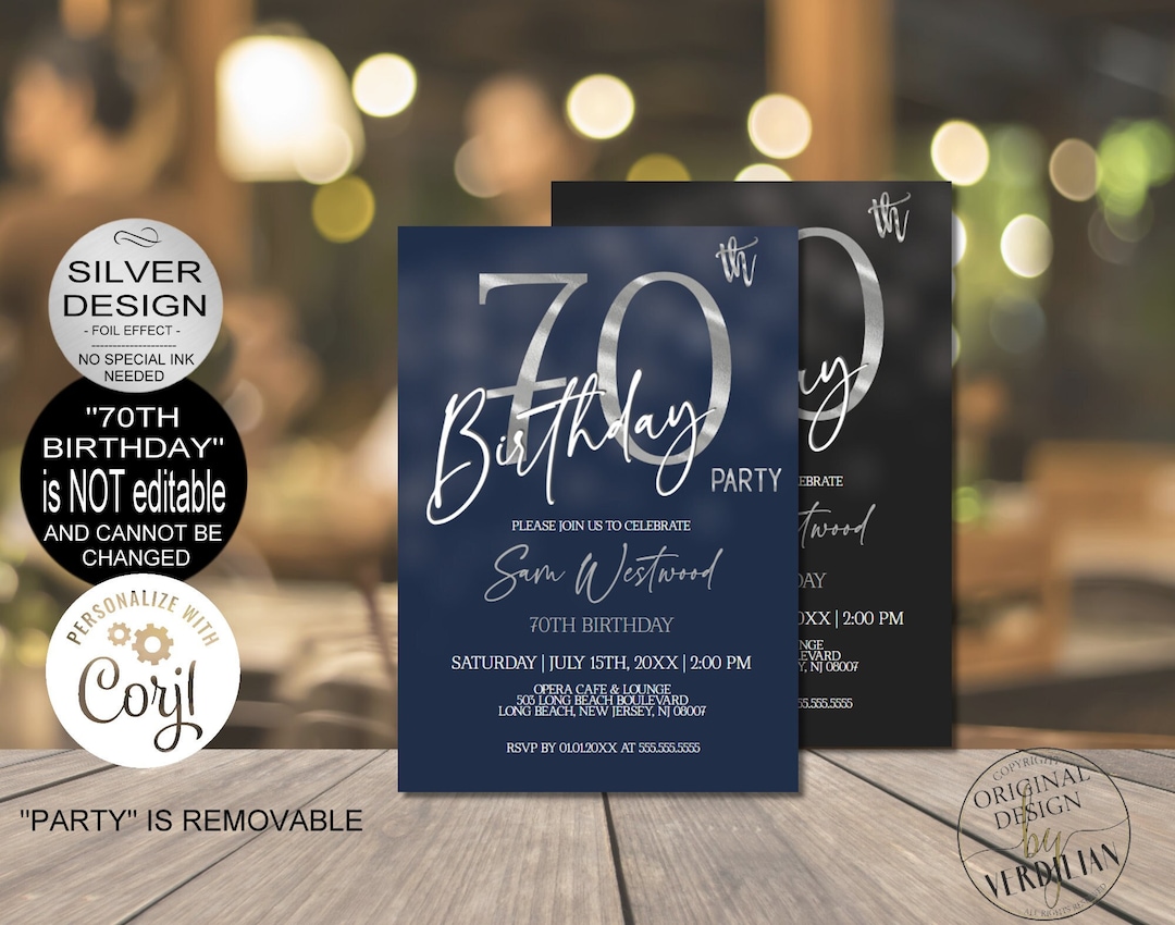 70th Birthday Invitation for Men Silver 70th Birthday Party Invitation ...