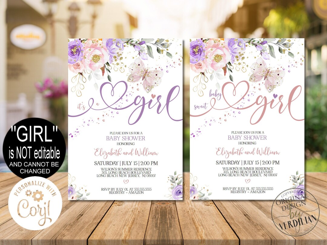 Purple Pink Butterfly Baby Shower Invitation Girl,blush Purple Floral ...