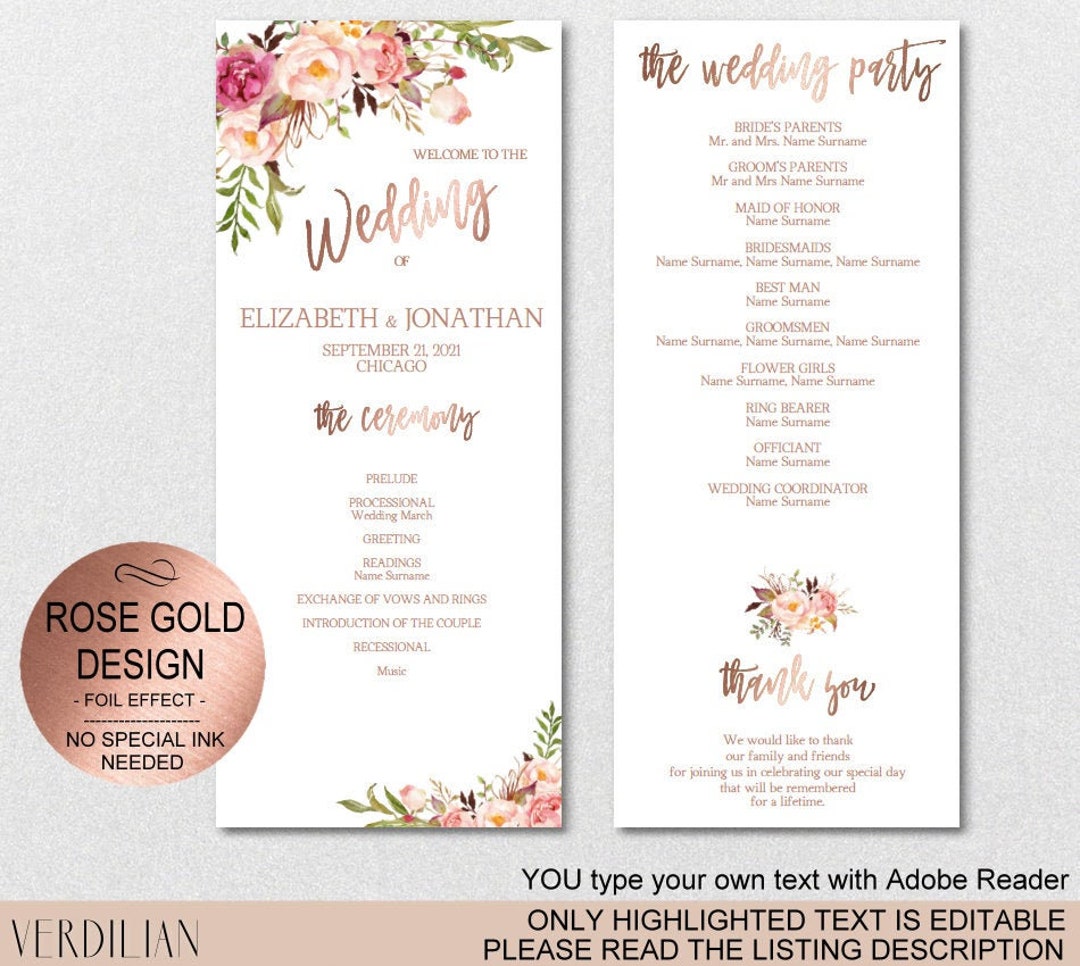 Blush Rose Gold Wedding Program Printable Template Watercolor Wedding ...