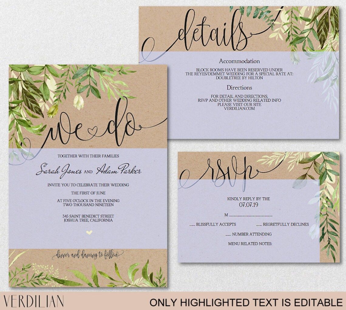 DIY We Do Wedding Invitation Suite Template Green Leaves | Etsy
