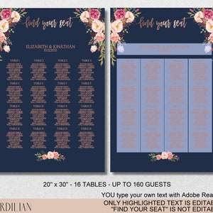 Pink Navy Rose Gold Wedding Seating Chart Printable Template,6 Versions ...