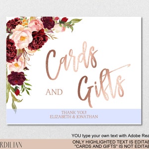 Cards and Gifts Sign Printable Template Marsala Rose Gold - Etsy