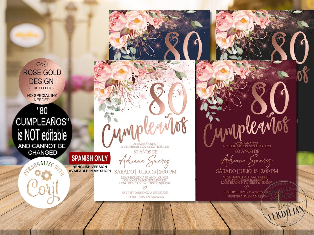 Spanish 80th Birthday Invitation for Women, 80 Cumpleanos Pink Rose ...