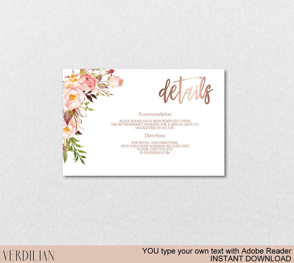 Blush Floral Details Card Editable Template Rose Gold - Etsy