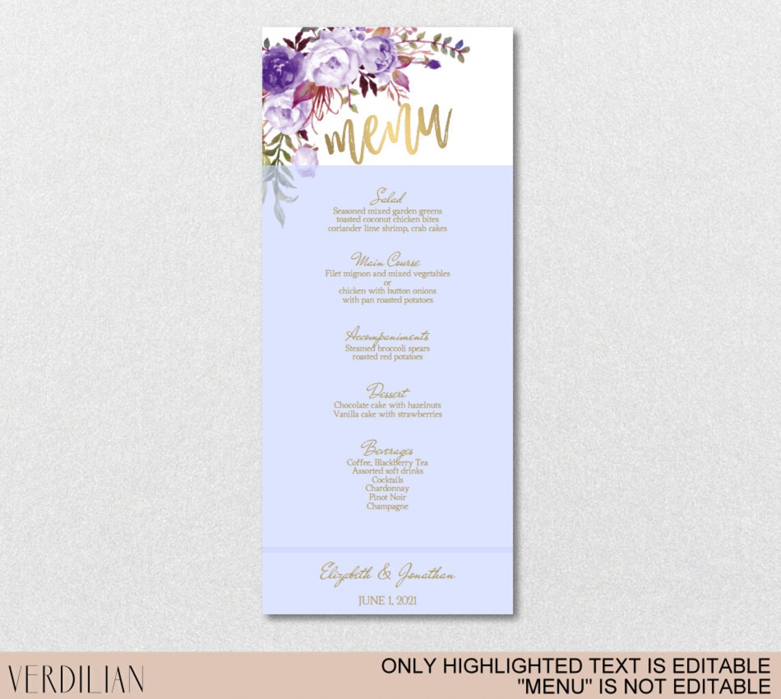 Lavender Wedding Menu Template Wedding Watercolor Printable - Etsy