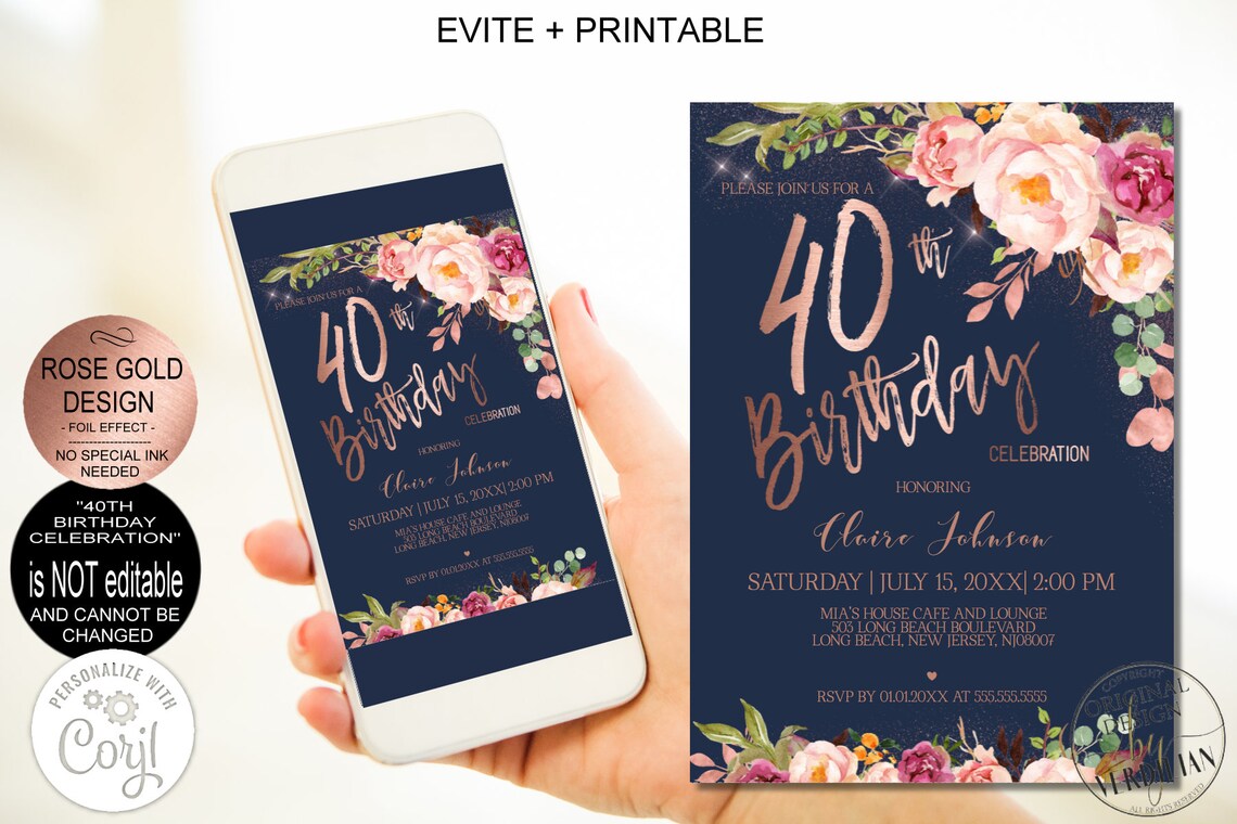 40th Birthday Invitation for Women Digital Blush Pink Navy - Etsy