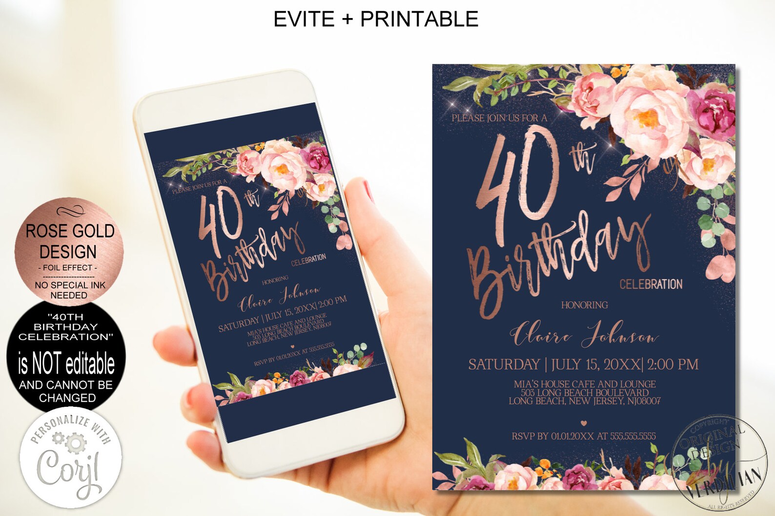 40th Birthday Invitation for Women Digital Blush Pink Navy - Etsy