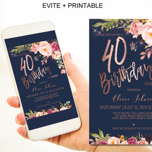 40th Birthday Invitation for Women Digital Blush Pink Navy - Etsy
