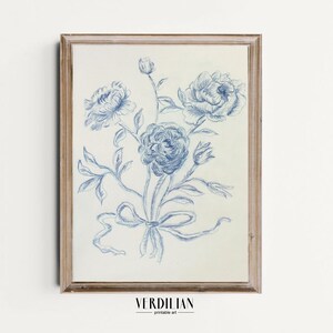 Blue Botanical Sketch Printable Art Prints Wall Decor, Blue Floral ...