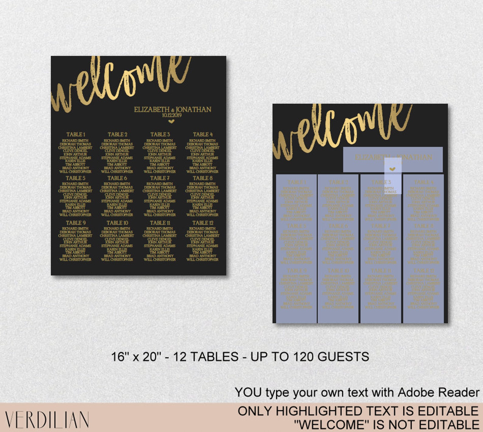 Wedding Seating Chart Printable Template8 Versions Black Gold - Etsy