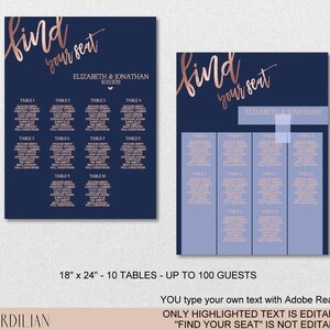 Navy Rose Gold Wedding Seating Chart Printable Template,9 Versions ...