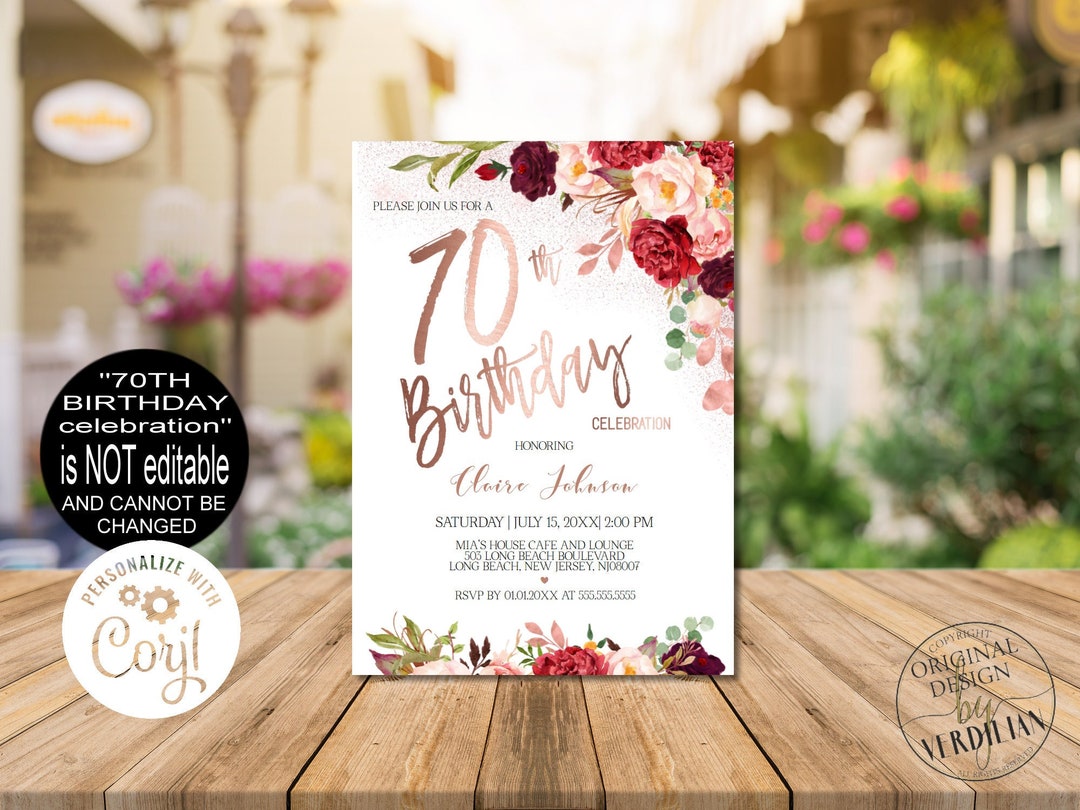 Burgundy Rose Gold 70th Birthday Invitations for Women, Burgundy ...