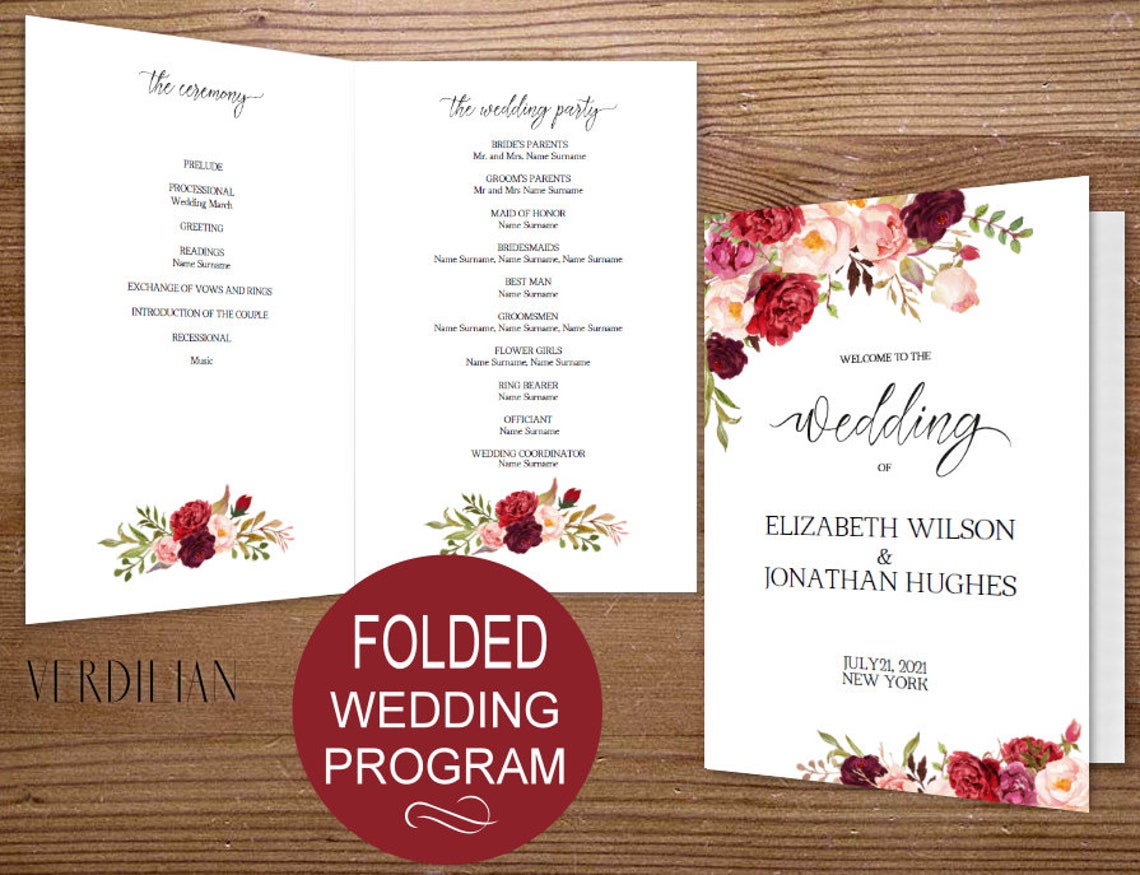 Folded Wedding Program Template Wedding Program Printable - Etsy