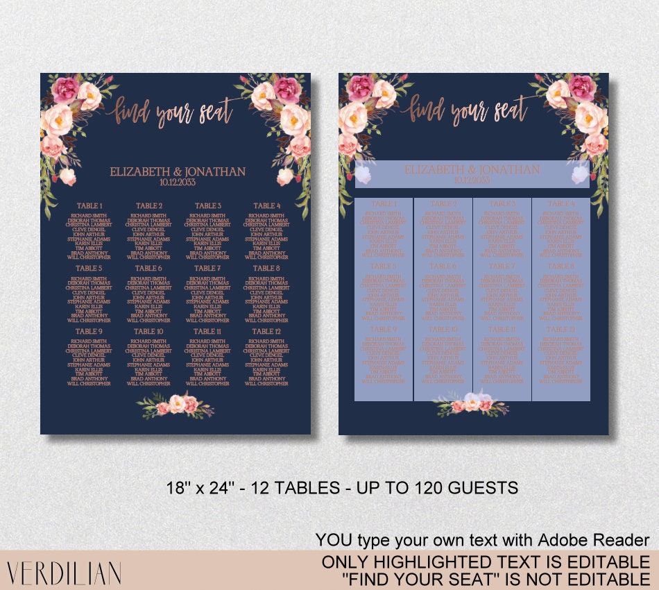 Pink Navy Rose Gold Wedding Seating Chart Printable Template6 - Etsy