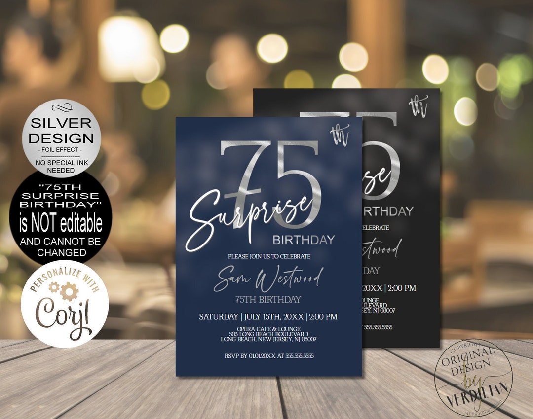 Surprise 75th Birthday Invitations for Men, Silver Vintage 75th ...