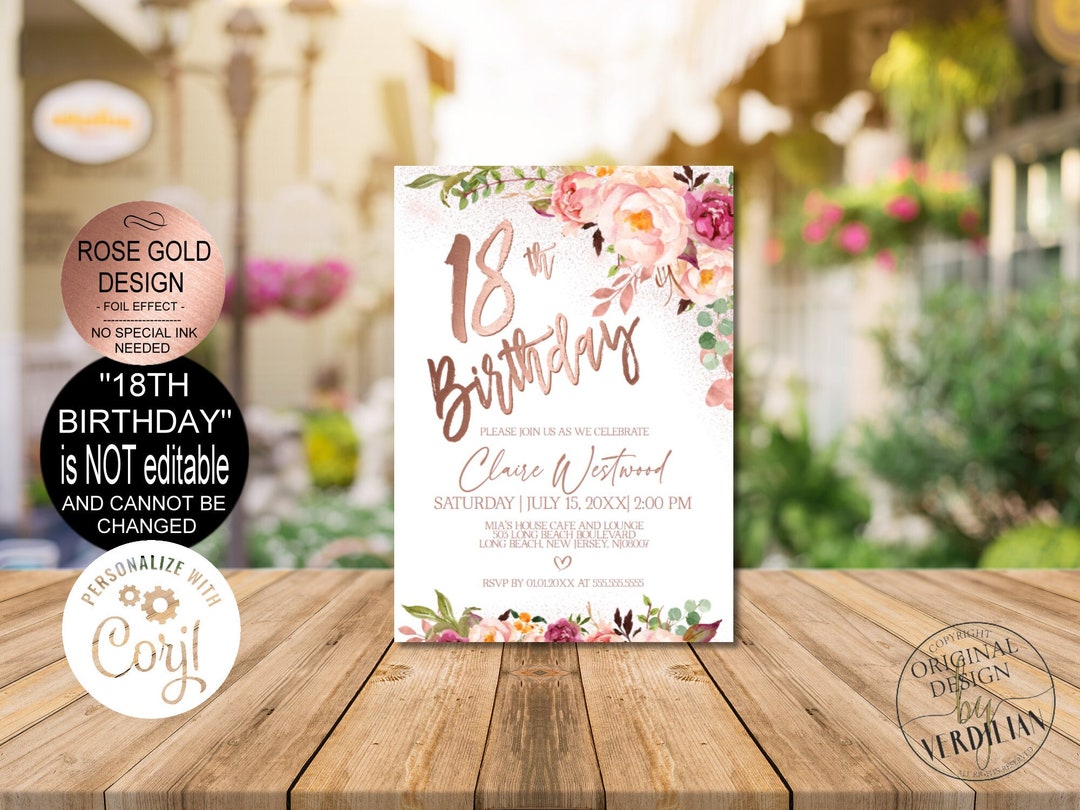 Rose Gold 18th Birthday Invitation for Girls Template Floral Birthday ...