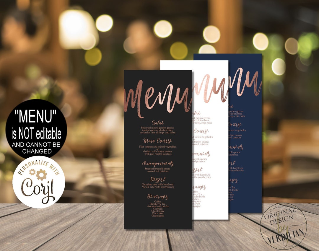 Black Rose Gold Menu Template Printable Wedding Menus Navy Rose Gold ...
