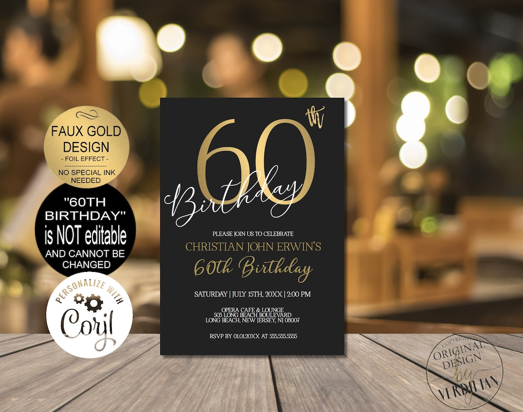 60th Birthday Invitations for Men Gold 60th Birthday Party - Etsy