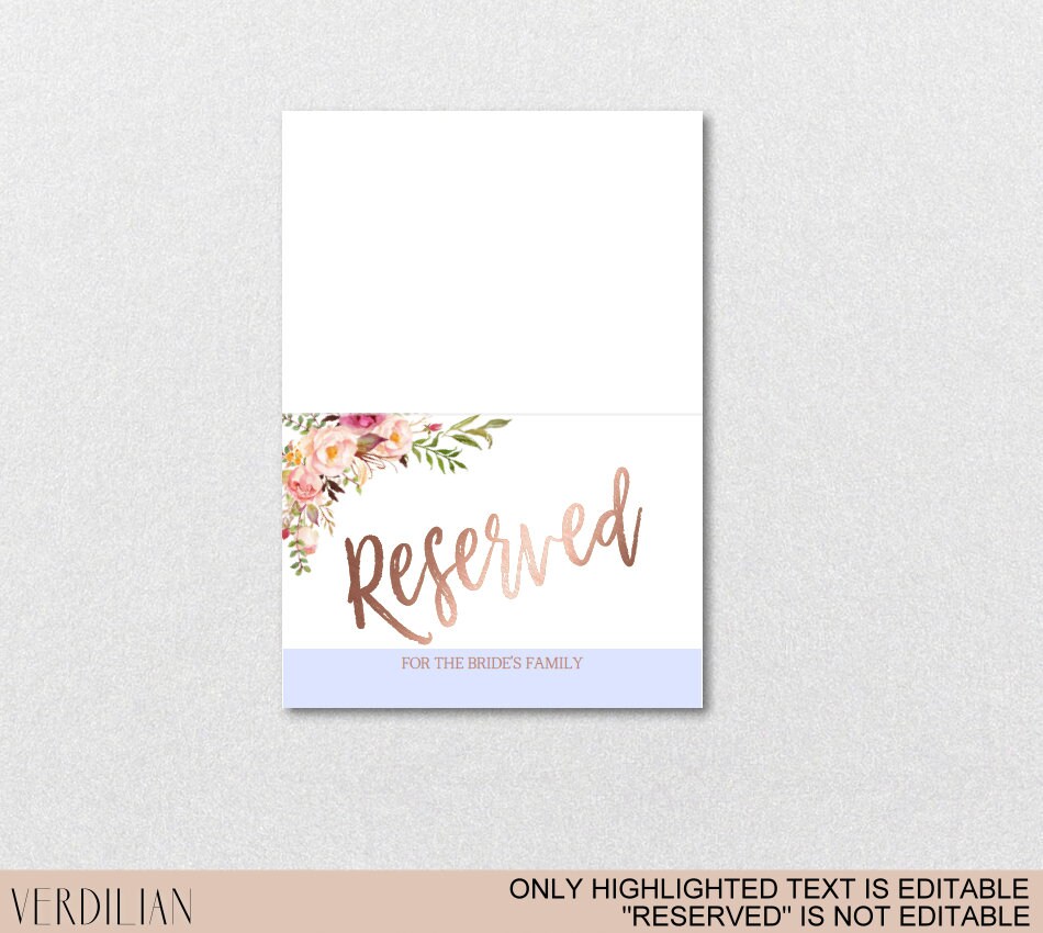Blush Rose Gold Reserved Table Card Printable Reserved | Etsy