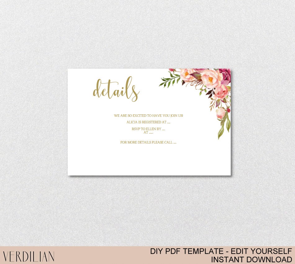 Blush Floral Details Card Editable Template 3 Versions - Etsy