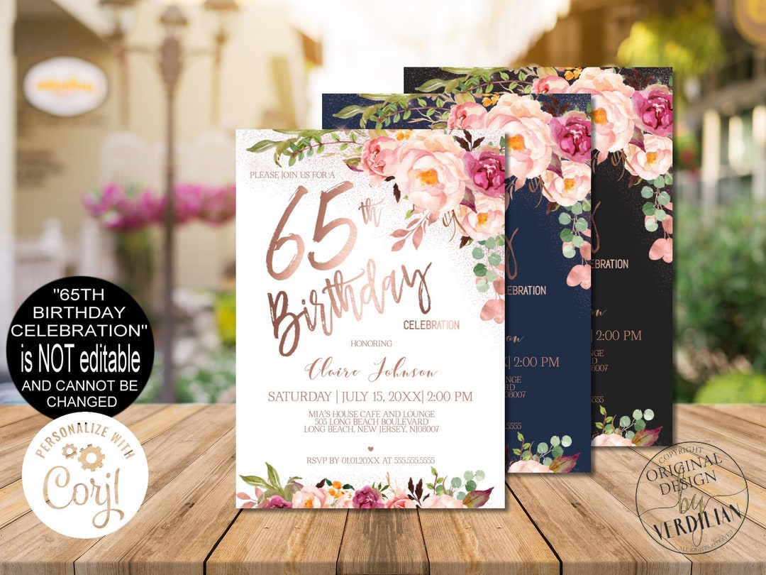 65th Birthday Invitation for Women, Digital Blush Pink Rose Gold Floral ...