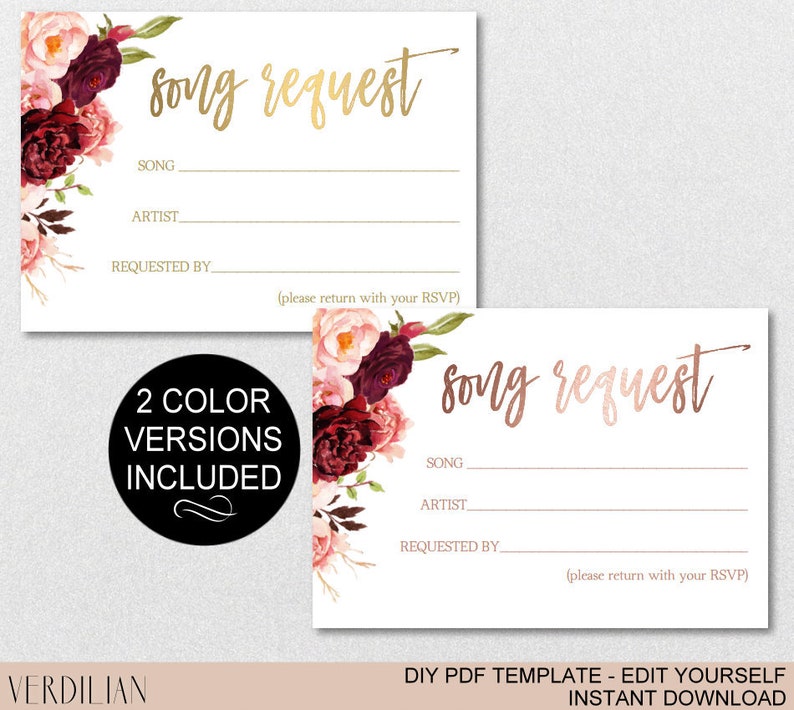 Song Request Card Printable Template - Marsala Rose Gold Floral Wedding ...