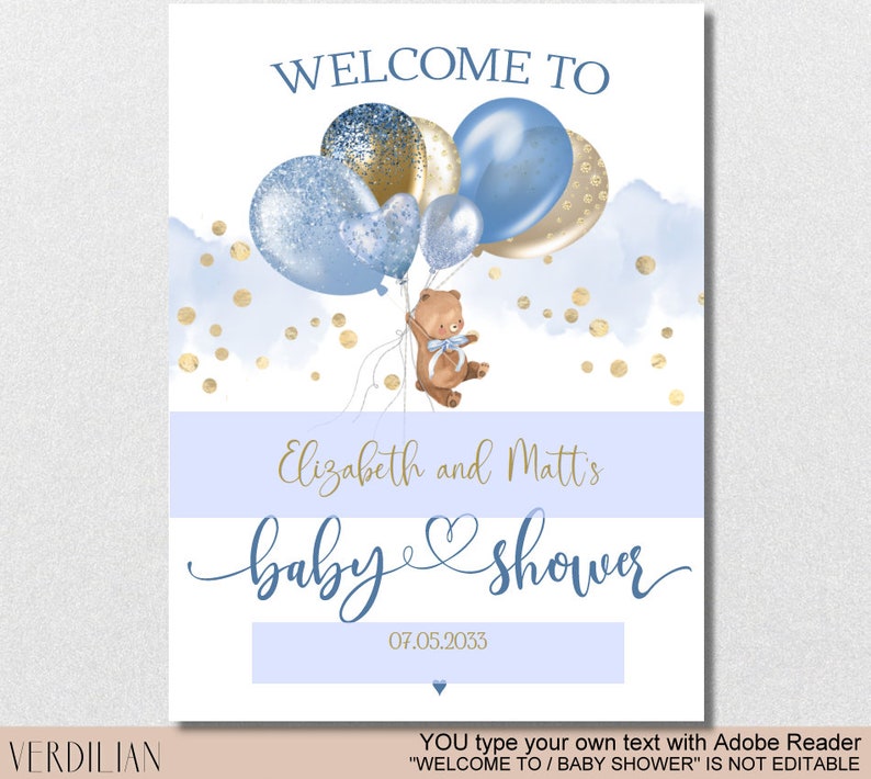 Teddy Bear Blue Gold Baby Shower Welcome Sign Template - Etsy