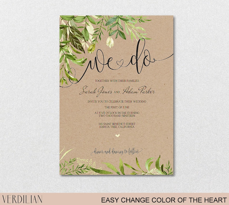 DIY We Do Wedding Invitation Suite Template Green Leaves - Etsy