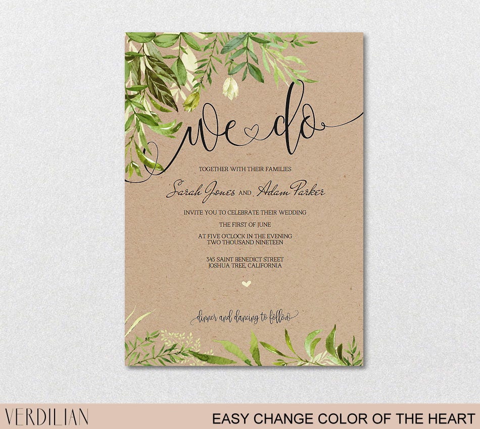 DIY We Do Wedding Invitation Suite Template Green Leaves | Etsy