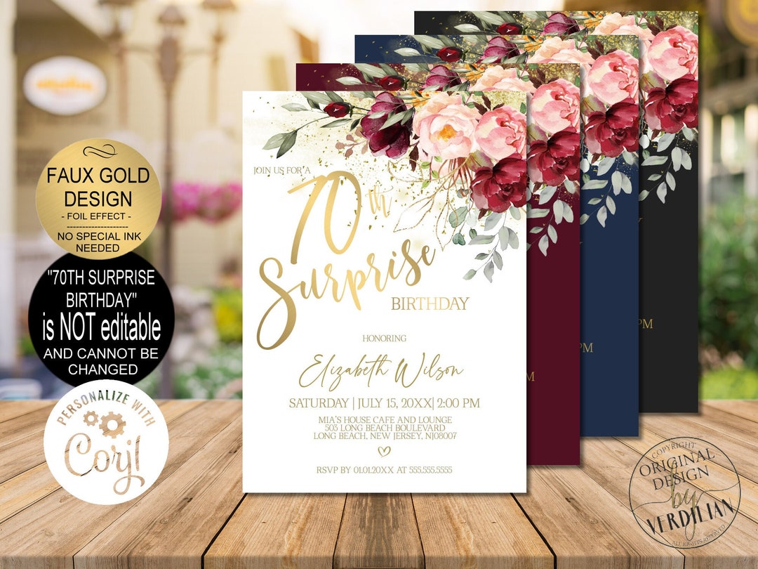 70th Surprise Birthday Invitation for Women Burgundy Gold - Etsy