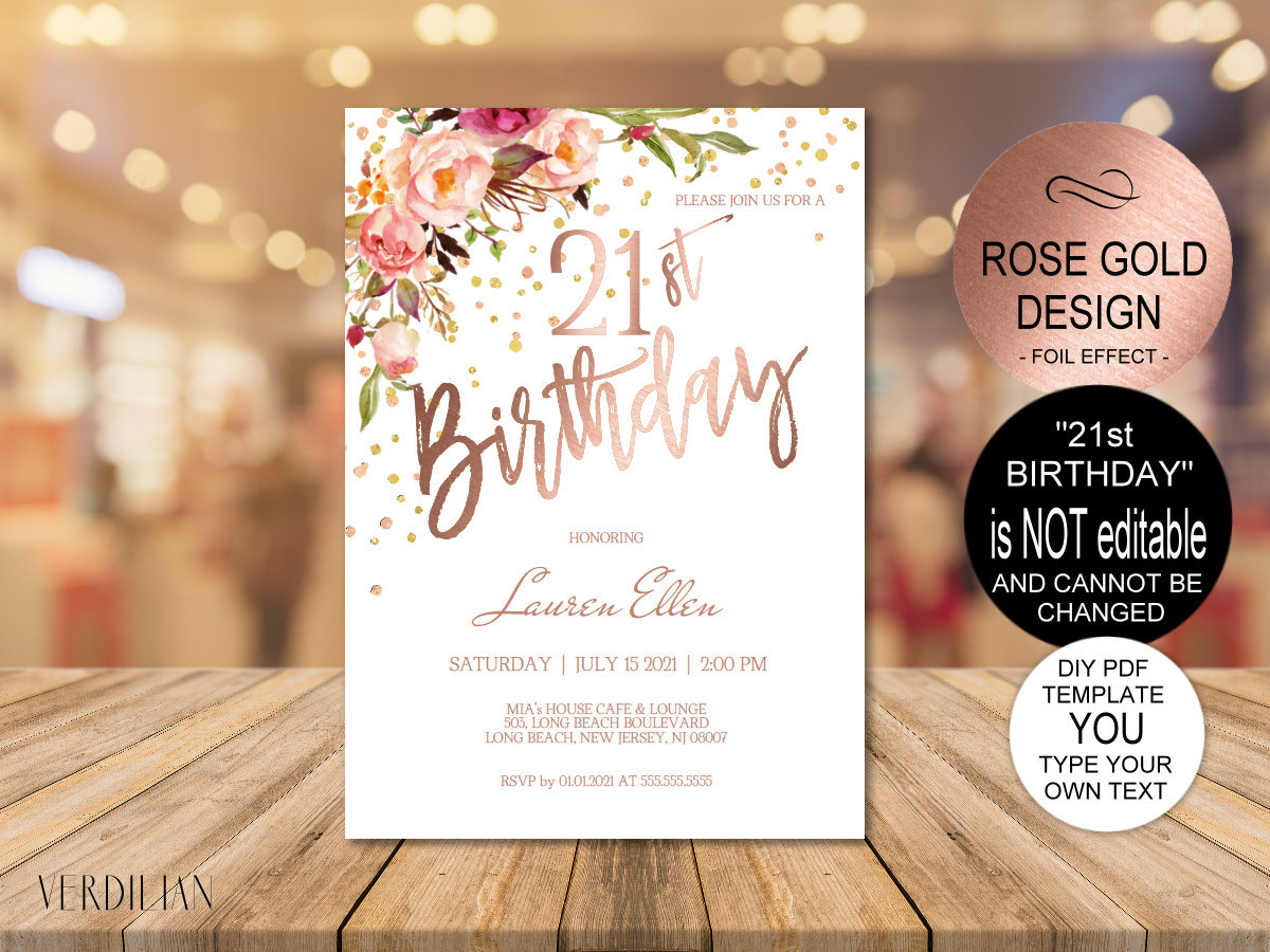 Diy 21st Birthday Invitation Template Blush Rose Gold Etsy Uk