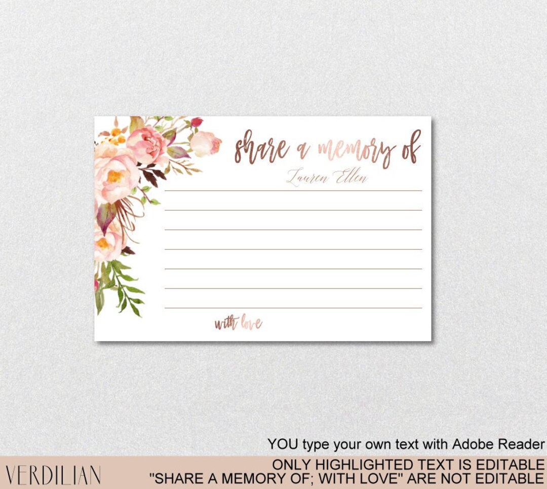 Blush Floral Memory Card Editable Template rose Gold Share a Memory ...